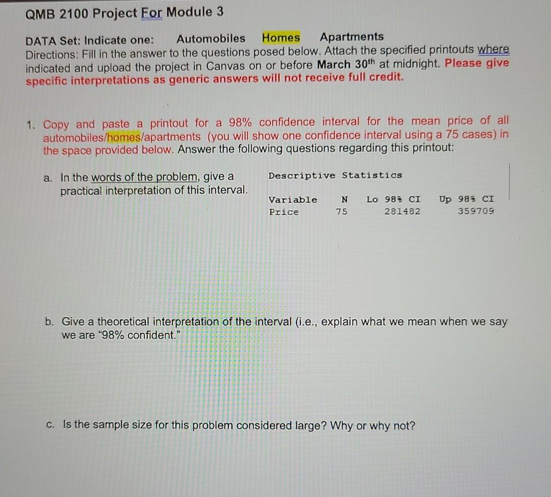 Solved QMB 2100 Project For Module 3 DATA Set: Indicate one: | Chegg.com