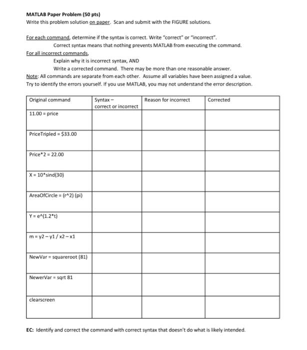 Solved MATLAB Paper Problem (50 pts) Write this problem | Chegg.com