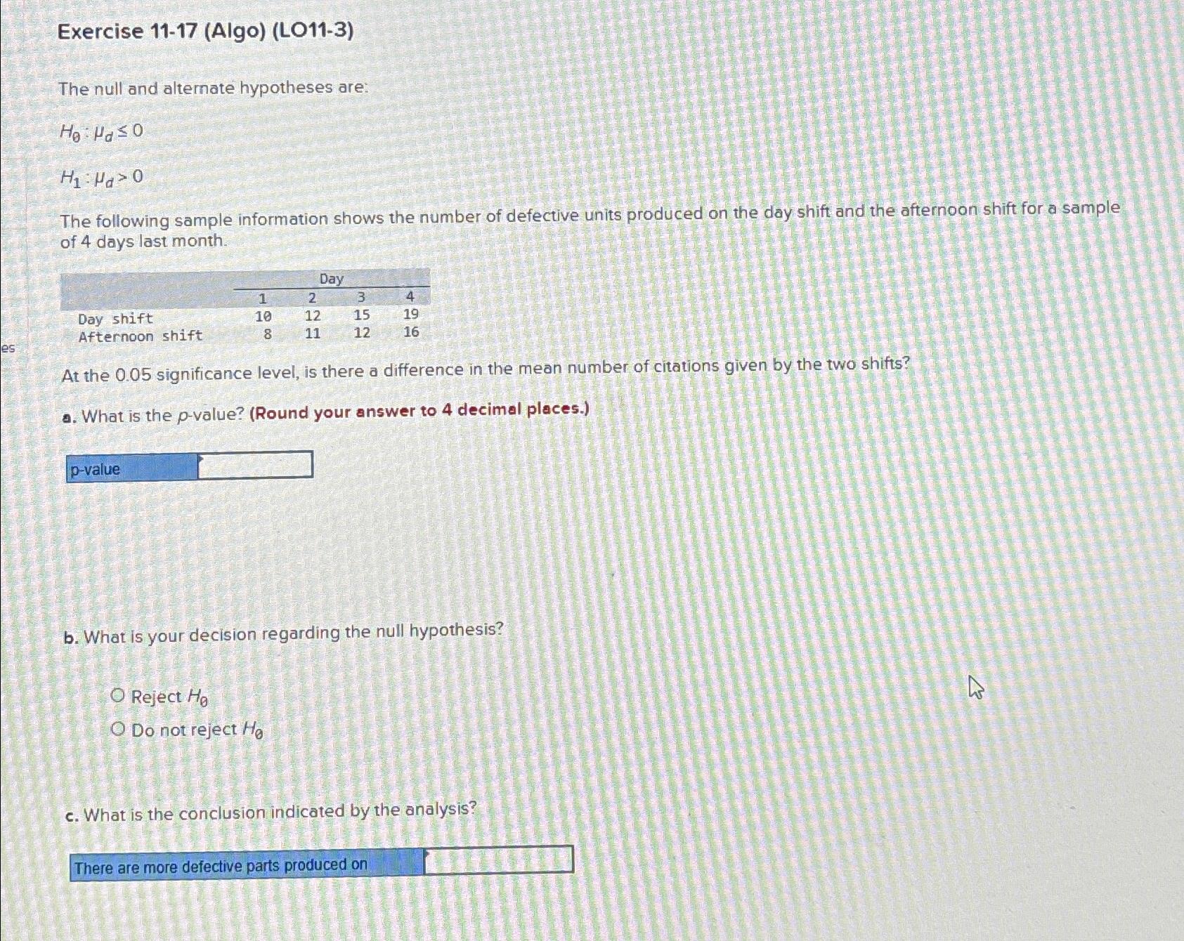 Solved Exercise 11-17 (Algo) (LO11-3)The null and alternate | Chegg.com