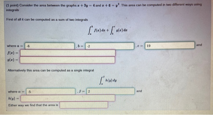 Solved (1 point) Consider the area between the graphs x + 3y | Chegg.com