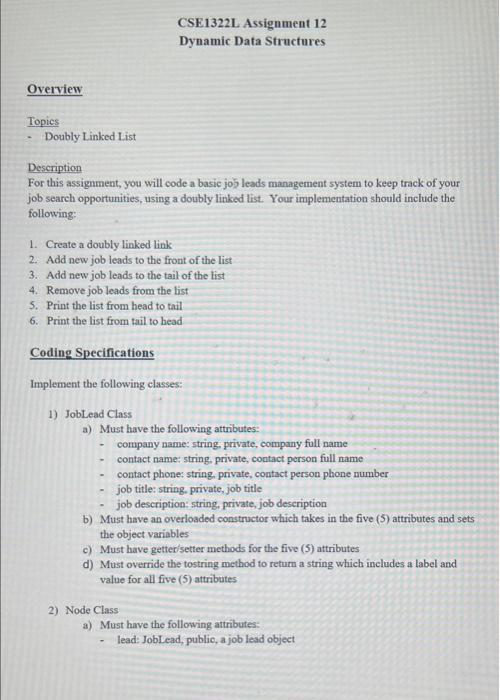 Solved CSE1322L Assignment 12 Dynamic Data Structures | Chegg.com