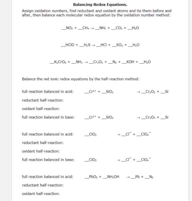Solved Balancing Redox Equations. Assign oxidation numbers, | Chegg.com