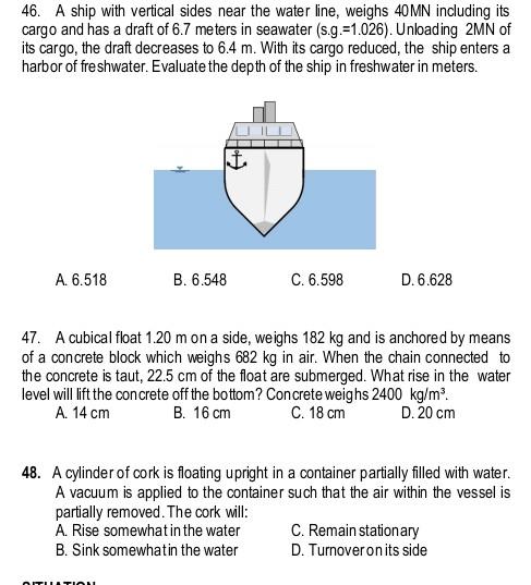 Solved 46. A ship with vertical sides near the water line, | Chegg.com