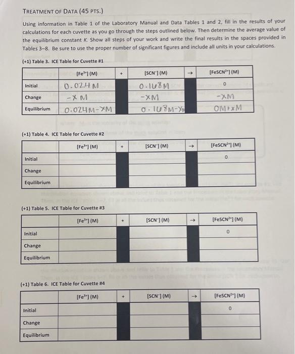 Solved TREATMENT OF DATA ( 45 PTS.) Using information in | Chegg.com
