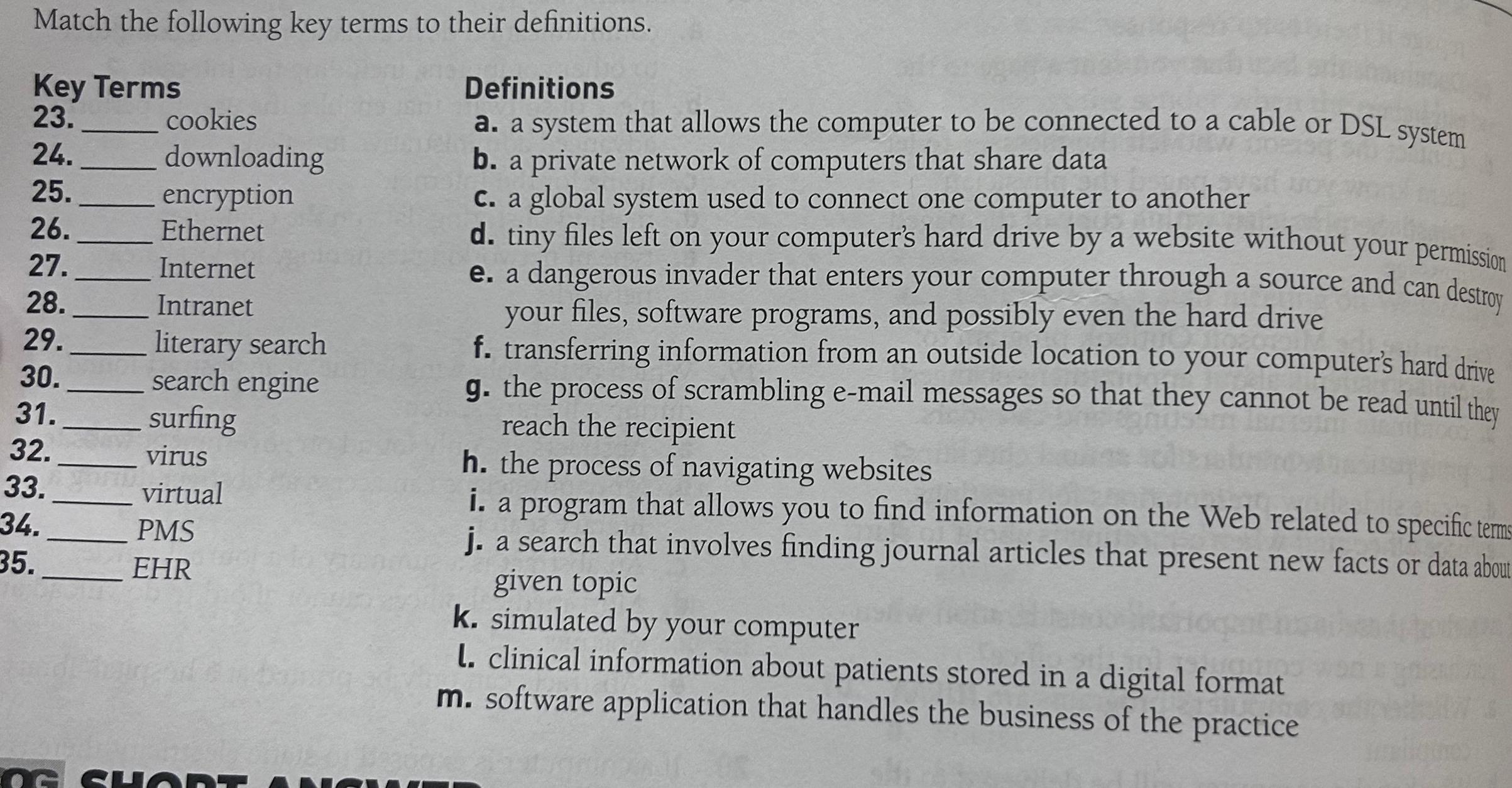 Solved Match the following key terms to their | Chegg.com