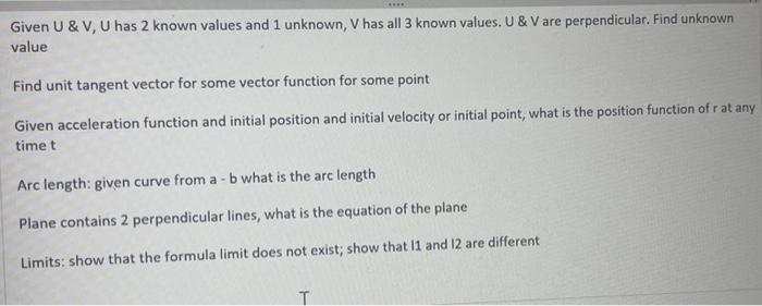 Given U \& V, U has 2 known values and 1 unknown, V | Chegg.com