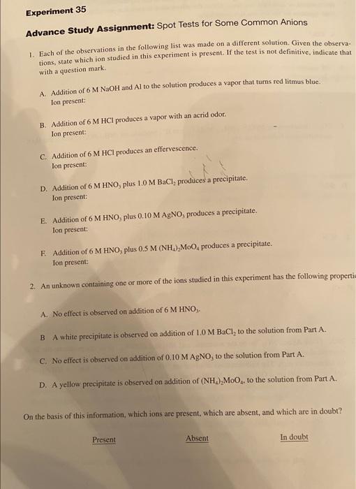 Solved Advance Study Assignment: Spot Tests for Some Common | Chegg.com