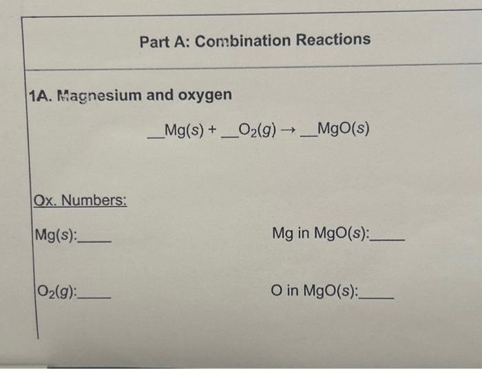 Solved 1A. Magnesium and oxygen …Mg(s)+…O2(g)→…MgO(s) Ox. | Chegg.com
