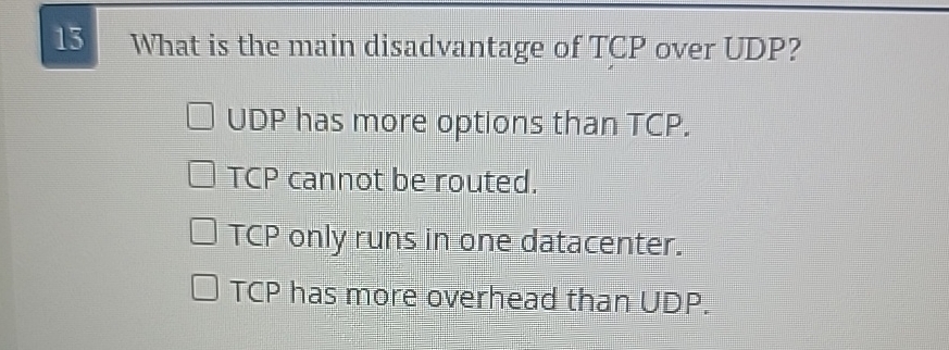 Solved 15 ﻿What is the main disadvantage of TCP over UDP?UDP | Chegg.com