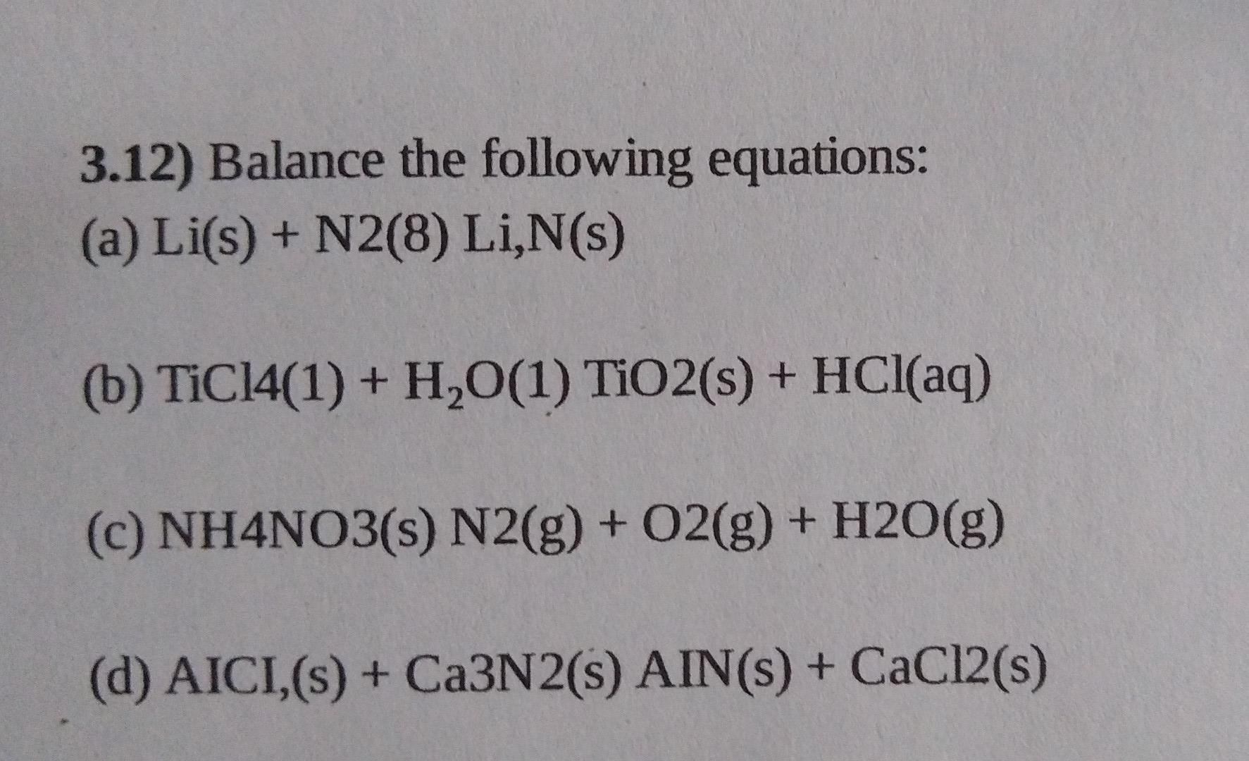Solved 3.12) Balance the following equations: (a) | Chegg.com