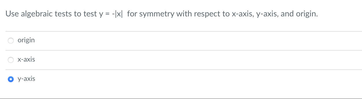Solved Use algebraic tests to test y=-|x| ﻿for symmetry with | Chegg.com