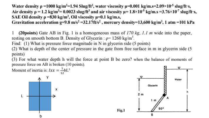 Solved Water density ρ=1000kgm3=1.94 ﻿Slug ?ft3, ﻿water | Chegg.com
