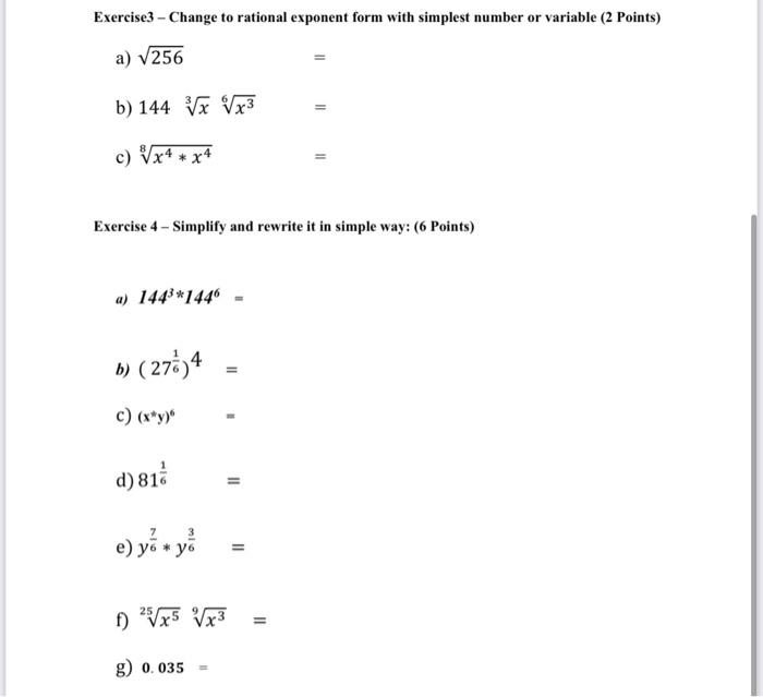 Solved Exercise 3 - Change to rational exponent form with | Chegg.com