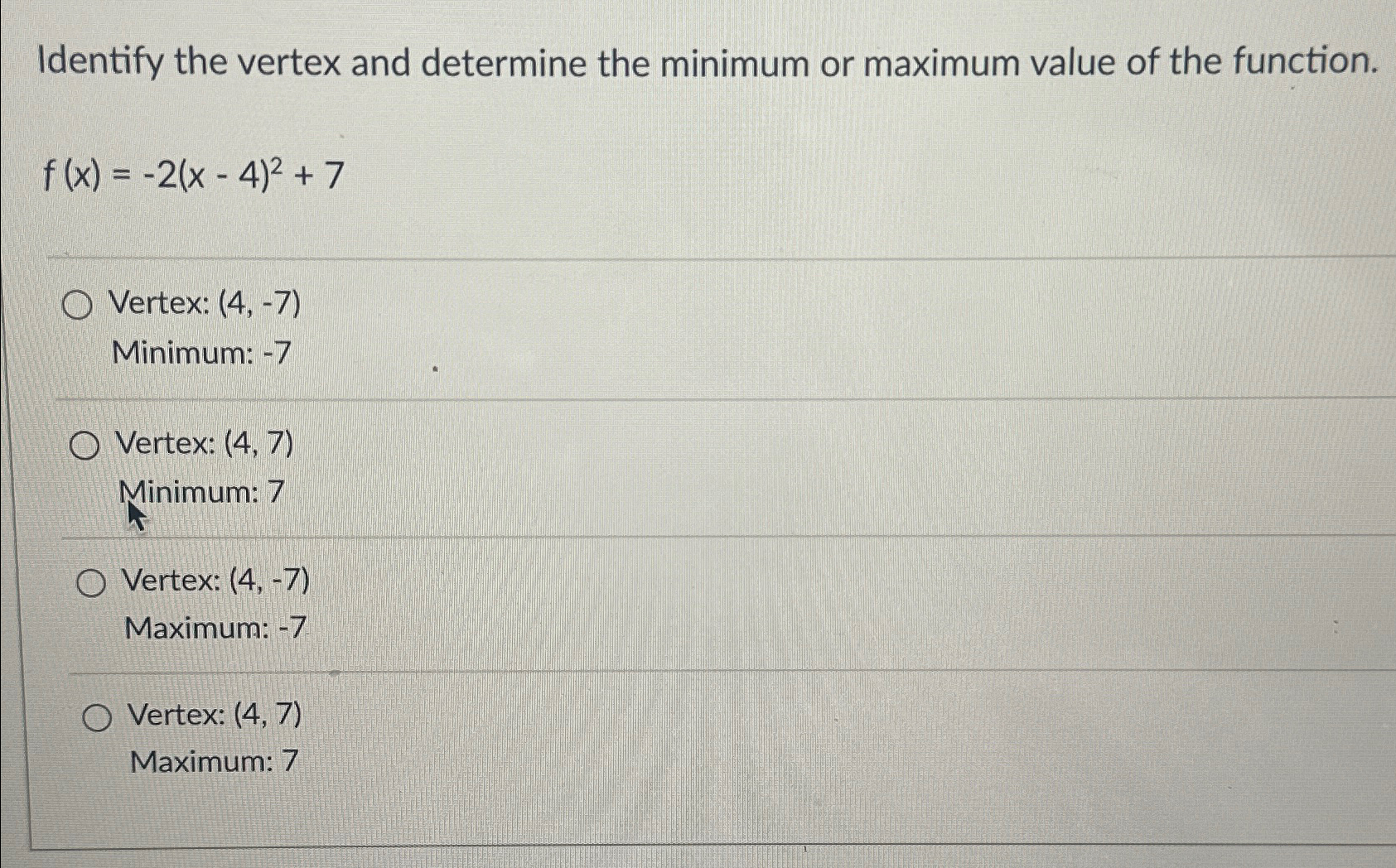 Solved Identify the vertex and determine the minimum or | Chegg.com