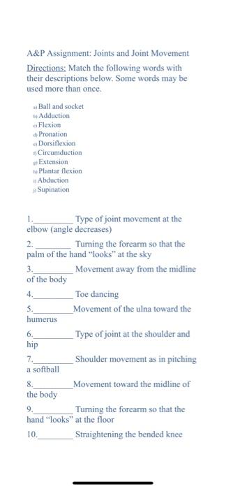 Solved A\&P Assignment: Joints and Joint Movement | Chegg.com
