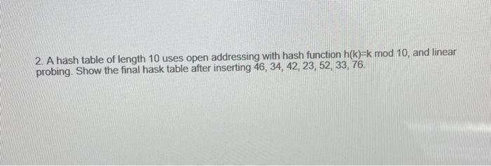 Solved 2. A hash table of length 10 uses open addressing | Chegg.com