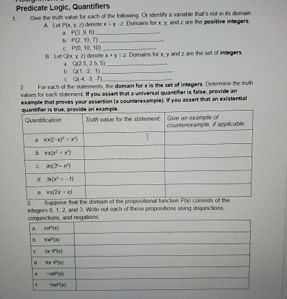 Solved Predicate Logic, QuantifiersGme the truth value for | Chegg.com