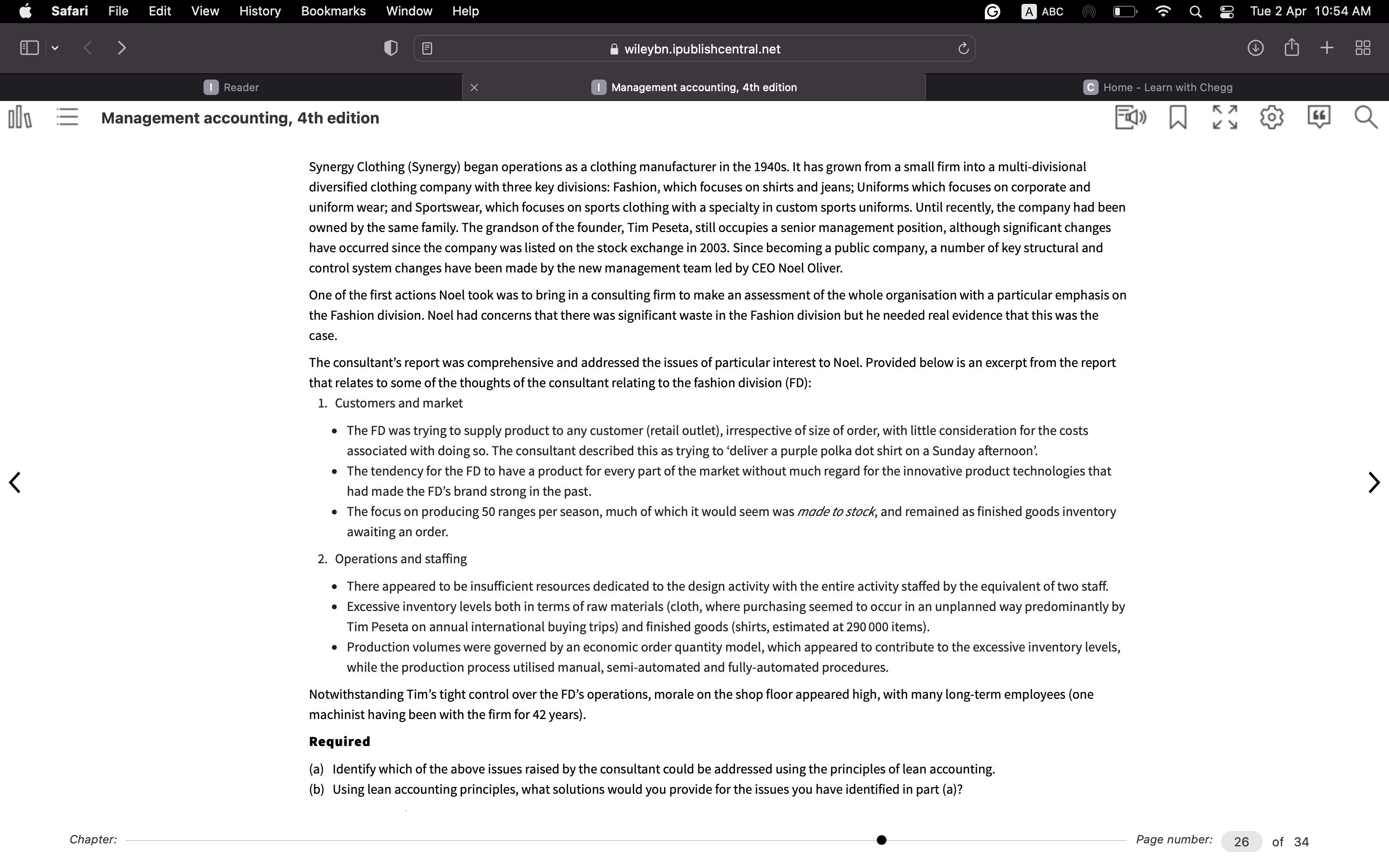 Solved Management accounting, 4th editionSynergy Clothing | Chegg.com