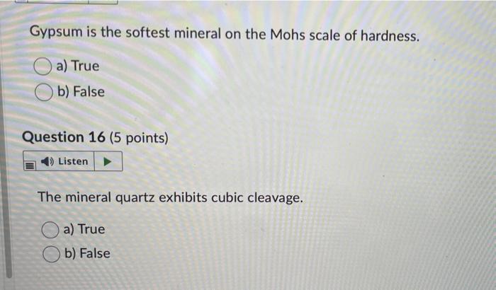 Solved Gypsum is the softest mineral on the Mohs scale of | Chegg.com