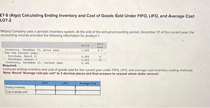 Solved 7-5 (Algo) Calculating Ending Inventory and Cost of | Chegg.com
