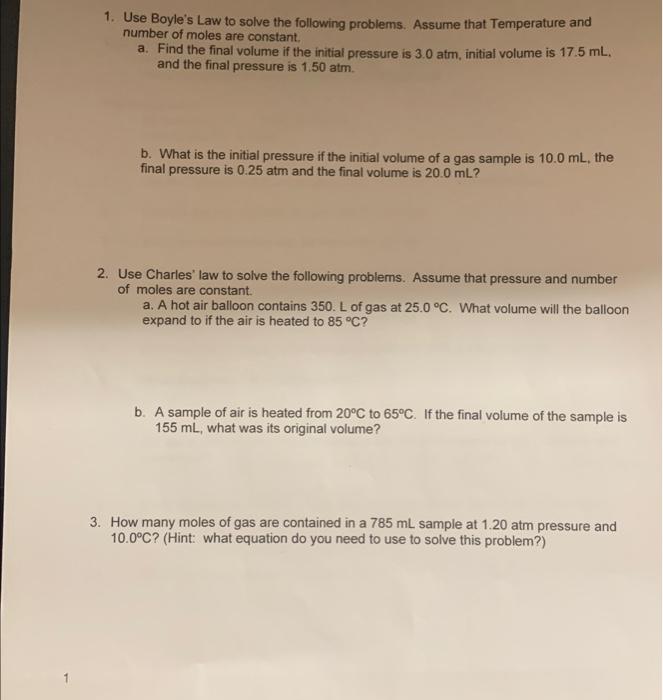Solved 1. Use Boyle's Law to solve the following problems. | Chegg.com
