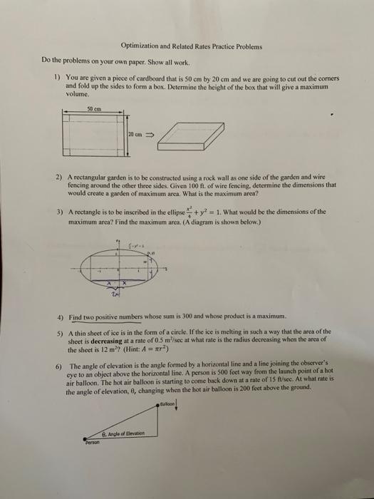 Solved Optimization and Related Rates Practice Problems Do | Chegg.com