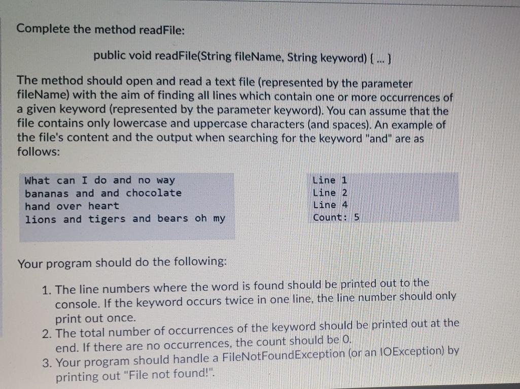 Solved Complete The Method Readfile Public Void 