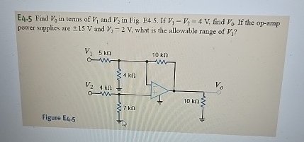 Solved E4.5 ﻿Find V0 ﻿in terms of V1 ﻿and V2 ﻿in Fig. E4.5. | Chegg.com