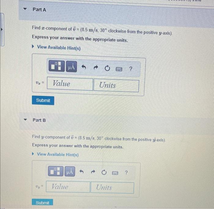 Solved Find x-component of v=(8.5 m/s,30∘ clockwise from the | Chegg.com