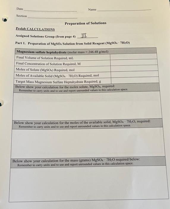Date Name Section Preparation of Solutions Prelab | Chegg.com