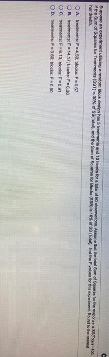 Solved Suppose an experiment utilizing a random block design | Chegg.com