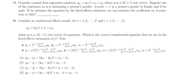 19. Consider a panel data regression equation, wie = | Chegg.com