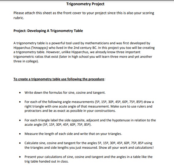 Trigonometry ProjectPlease attach this sheet as the | Chegg.com