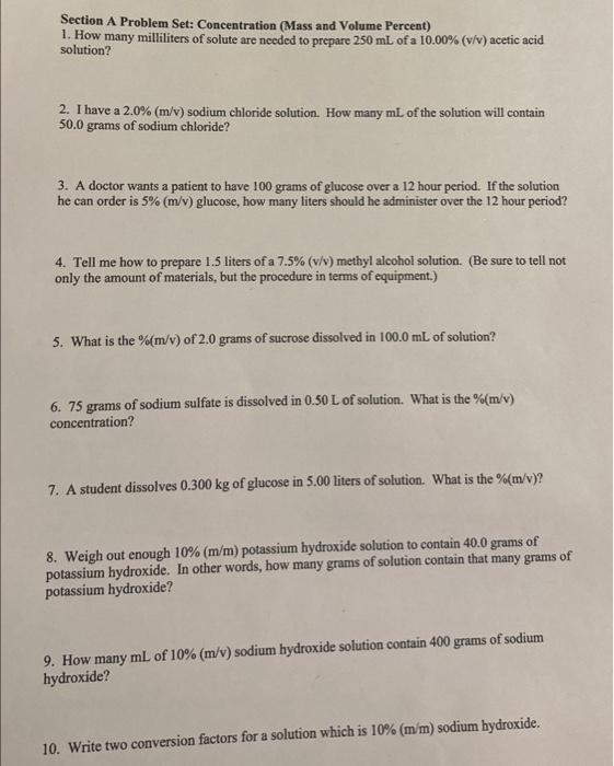 Solved Section A Problem Set: Concentration (Mass and Volume | Chegg.com