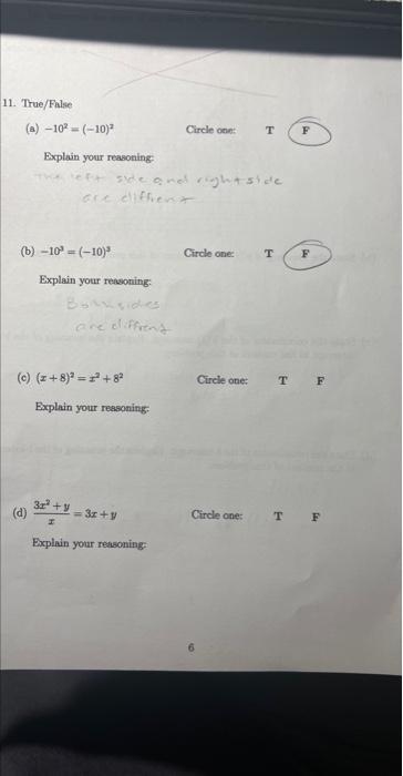 Solved (a) −102=(−10)2 Explain your reasoning b) −103=(−10)3 | Chegg.com