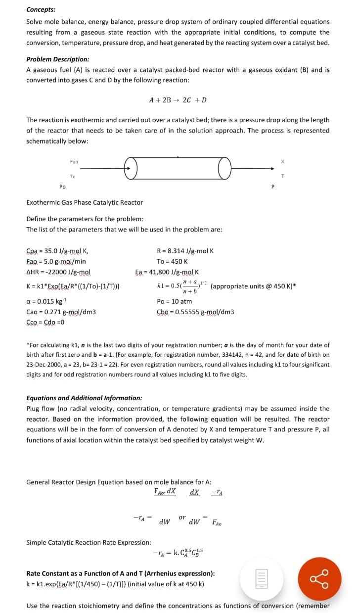 Solved Concepts: Solve mole balance, energy balance, | Chegg.com
