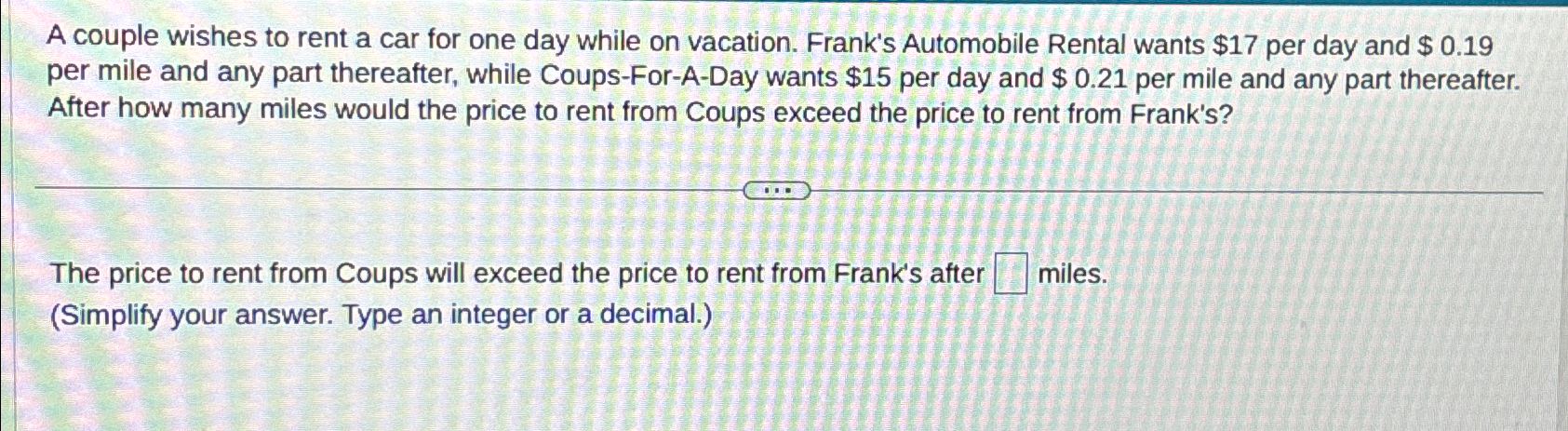 Solved A couple wishes to rent a car for one day while on | Chegg.com