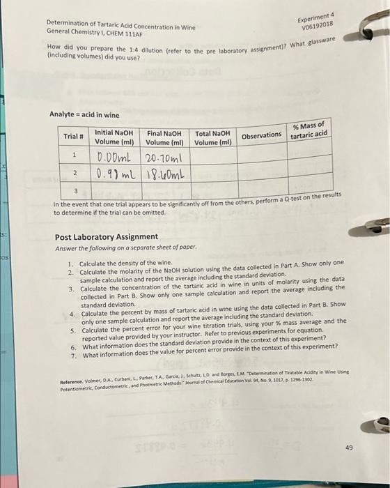 Post Laboratory Assignment Answer the following on a | Chegg.com