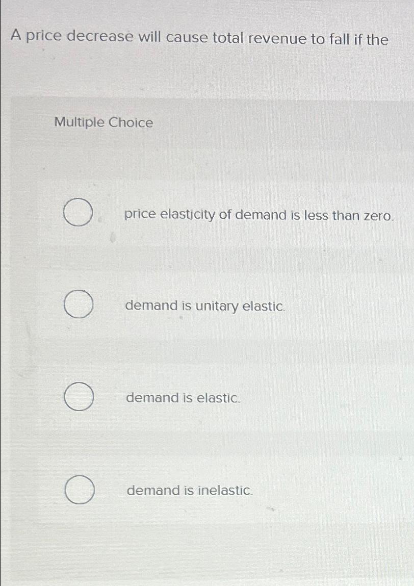 Solved A price decrease will cause total revenue to fall if | Chegg.com