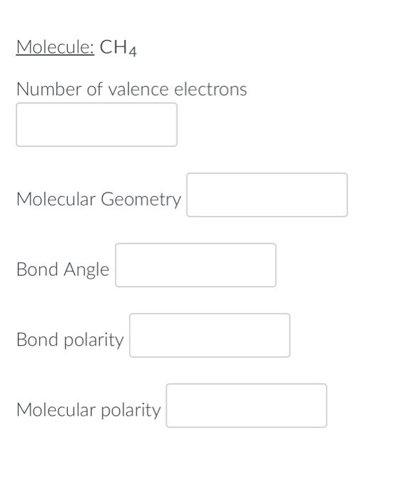 Solved Molecule: CH4 Number of valence electrons Molecular | Chegg.com