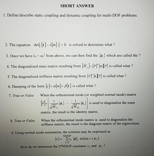 Solved SHORT ANSWER 1. Define/describe static coupling and | Chegg.com
