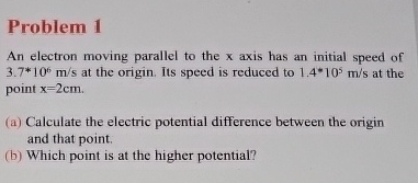 Solved Problem 1An electron moving parallel to the x ﻿axis | Chegg.com