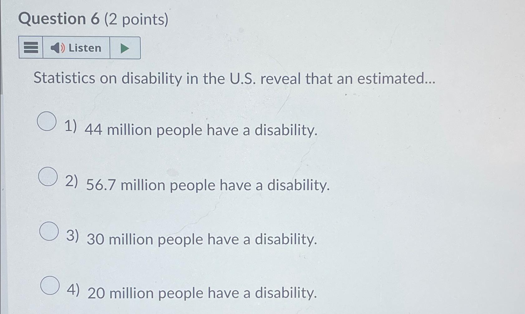 Solved Question 6 (2 ﻿points)Statistics on disability in the | Chegg.com