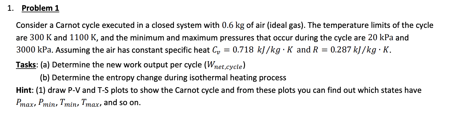 Solved Problem 1Consider a Carnot cycle executed in a closed | Chegg.com