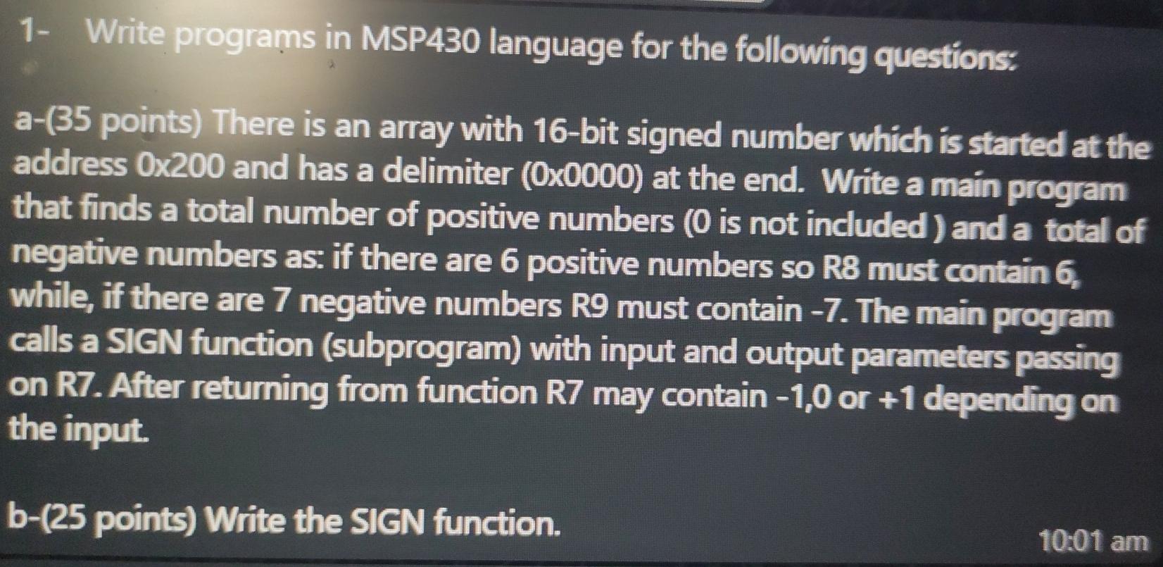 1- Write programs in MSP430 language for the | Chegg.com