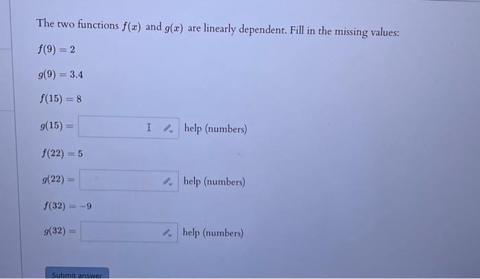 Solved The two functions f(x) and g(x) are linearly | Chegg.com