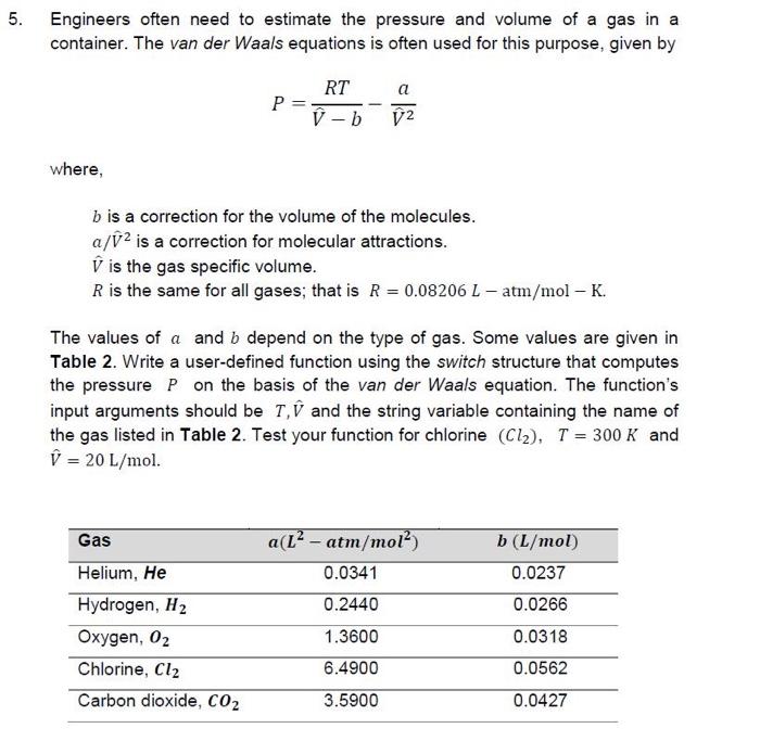 Solved 5. 5. Engineers often need to estimate the pressure | Chegg.com