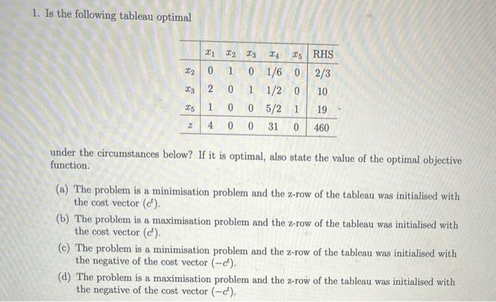 Solved 1. Is the following tableau optimal under the | Chegg.com