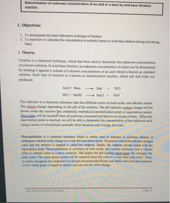 Solved Determination of unknown concentration of an acid or | Chegg.com
