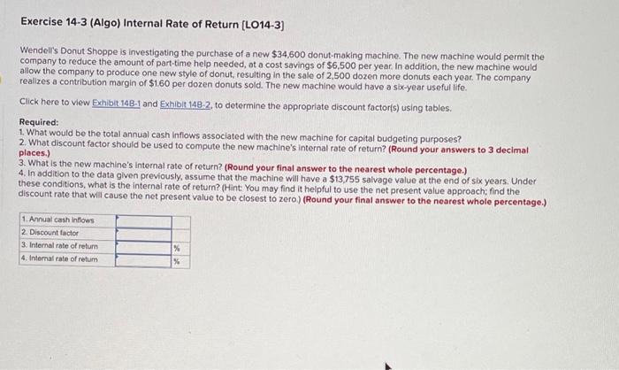 Solved Exercise 14-3 (Algo) Internal Rate of Return [LO14-3) | Chegg.com